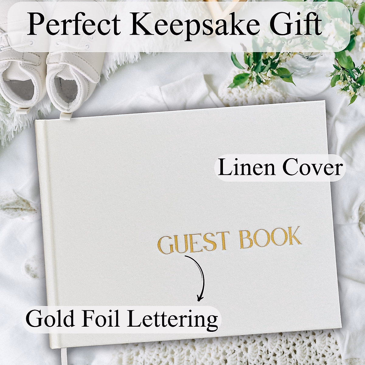 EBEGEE Wedding Guest Book for Wedding Reception, Elegant 9 x 7inch Baby Shower Guest Book with Polaroid Photo Pages and Registy Pages, Gold Foil Lettering Linen Cover, Perfect for Any Celebration
