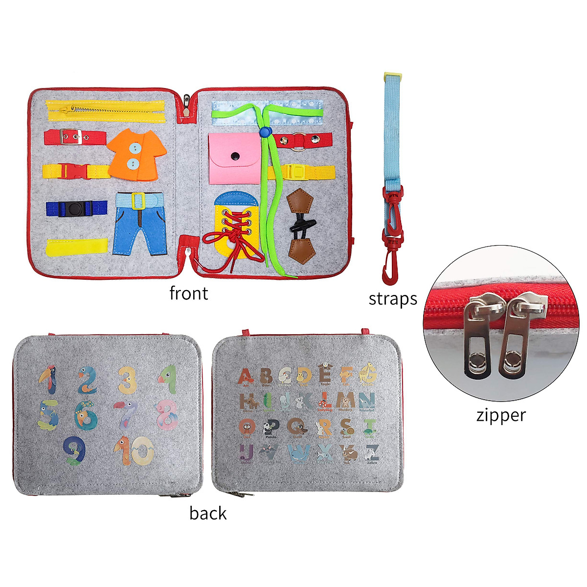 Busy Board for Toddlers 1-6, Travel Toys for Toddlers 1 2 3 4, Montessori Basic Skills Dress Zipper Latch Buckle Learning Book, Great Airplane Carseat Stroller Birthday Gift for Babies Boys and Girls