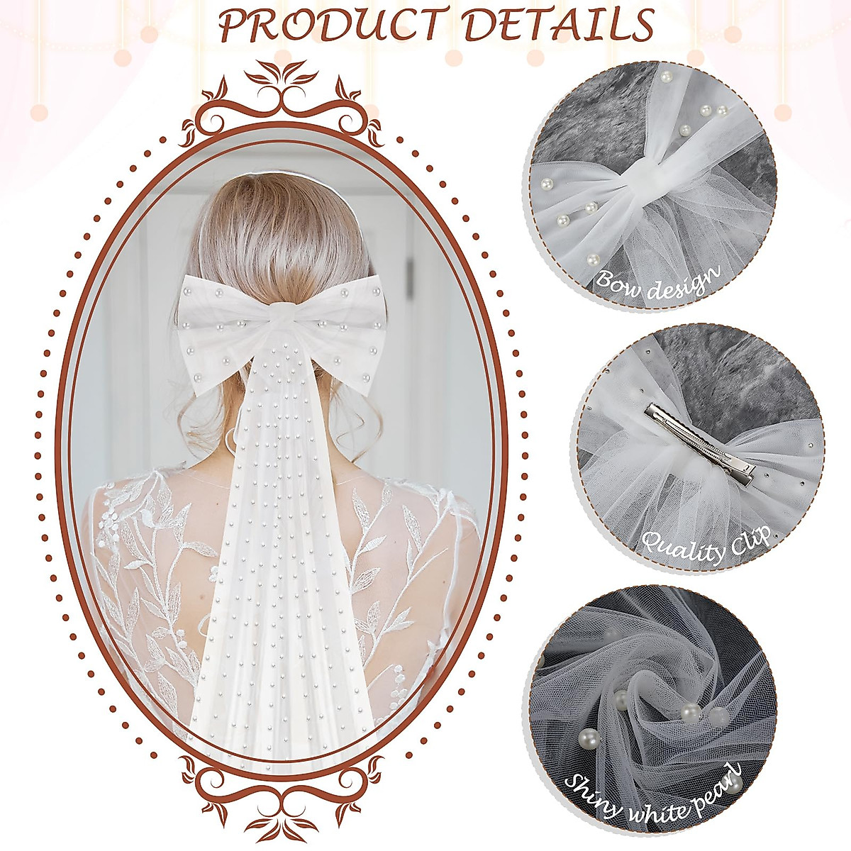 Dingion 9.84 ft 1 Tier Wedding Bow Knot Veil Long Pearl Veils White Tulle Hair Clip Bride Hair Accessories for Bridal Shower Bachelorette Party Decorations