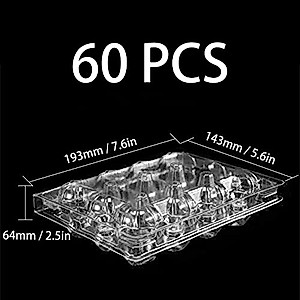 60 Pack Plastic Egg Cartons Cheap Bulk 1 Dozen Clear Empty Egg Cartons for Chicken Eggs, Reusable Egg Carton for Home Ranch Chicken Farm, Commercial Business Market Display, 3x4 Grids, M