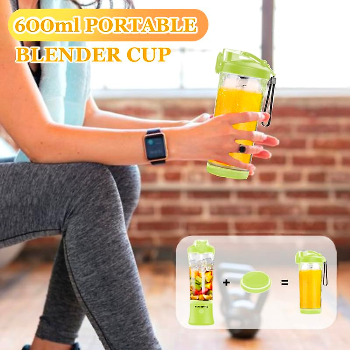 Cordless 21oz Portable Blender BPA Free With Personal Blender Cup, Best For Smoothie, Shakes, and Cocktails, With Durable Stainless Steel Blades, USB-C Rechargeable in Lime By WIZTRONIX