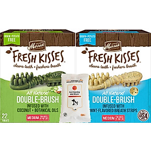 Aurora Pet Variety Pack (2) Merrick Fresh Kisses Double-Brush Medium Dental Dog Treats (1) Coconut + Botanical Oils (1) Mint-Flavored Breath Strips with AuroraPet Wipes