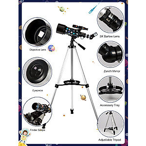 Telescope for Kids Adults Astronomy Beginners over 8 Years Old, 70mm Aperture Astronomical Refractor Telescopes with Phone Adapter & Wireless Remote, Astronomy Space for Christmas Birthday