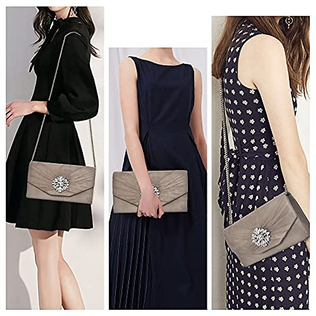 ANKESON Clutch Purses for Women Velvet Pleated Evening Bags Envelope Shoulder Evening Handbags Grey