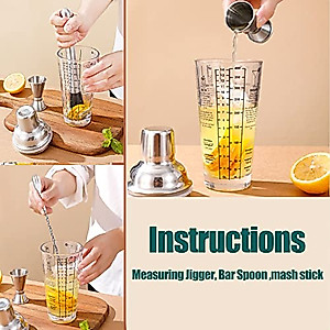 4 Pcs Glass Cocktail Shaker, 14 oz Martini Glass Shaker Cup, with Measuring Jigger Mixing Spoon Muddler,for Kitchens, Bars, Coffee Shops, Hotels, Clubs, Can Make Cocktails, juices ETE.