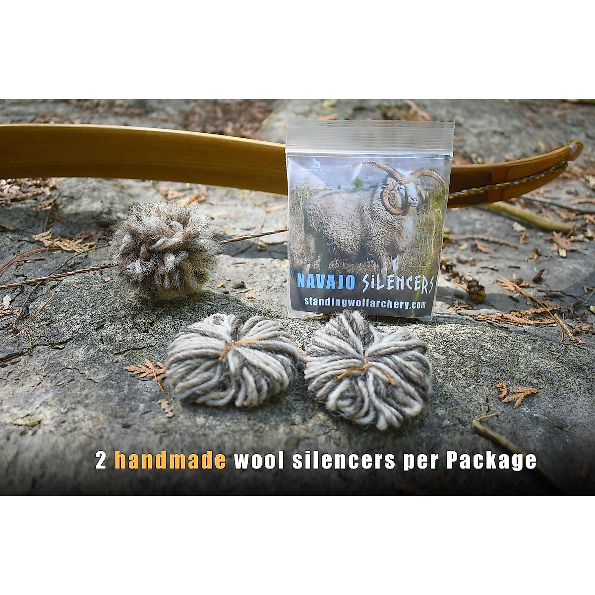 Standing Wolf Navajo Wool Bow String Silencers | Traditional Style Archery Recurve String Silencer | Noise Dampeners for Archery | One Pair Per Package (Wolf Gray)