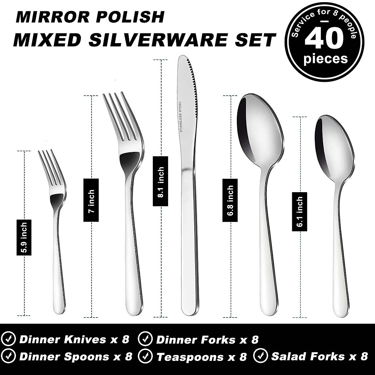 Bestdin Silverware Set for 8, 40-Piece Spoons and Forks Set, Food-Grade Cutlery Set, Stainless Steel Forks and Spoons Silverware Set, Flatware sets Includes Knife/Fork/Spoon, Dishwasher Safe.