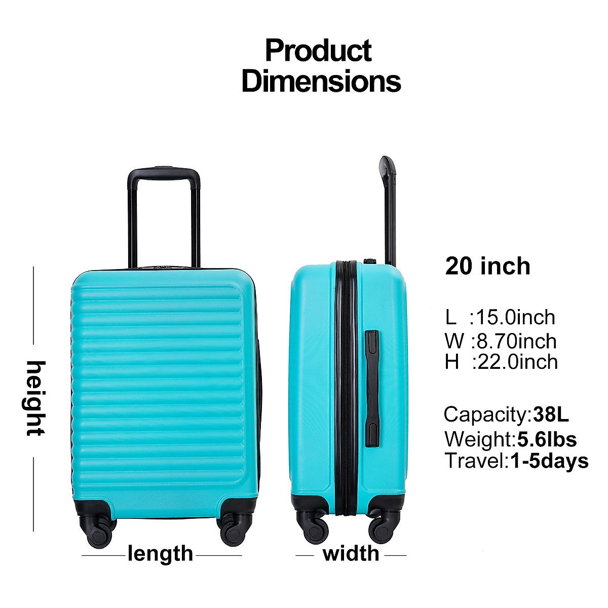 Tripcomp Carry On Luggage Lightweight Hardside suitcase with Spinner Wheels, Carry-On 20-inch, Turquoise