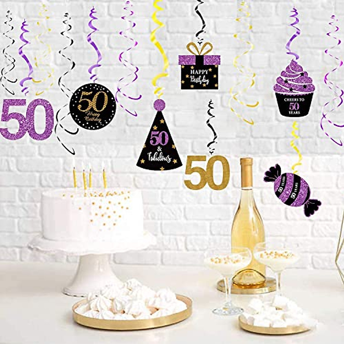 Qian's Party 50th Birthday Decorations for Women Purple Gold Black Purple Gold Foil Hanging Swirls 50th Birthday Party Decor – Women Purple 50th Birthday Party Decorations