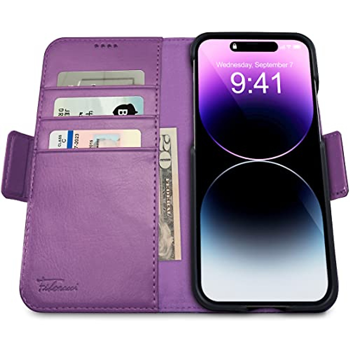 Dreem Fibonacci 2-in-1 Wallet Case for Apple iPhone 14 Pro - Luxury Vegan Leather, Magnetic Detachable Shockproof Phone Case, RFID Card Protection, Magsafe Compatible - Purple