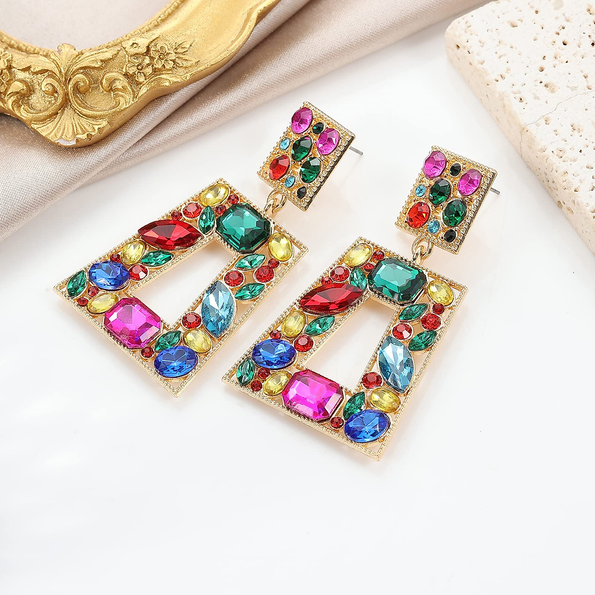 Canboer Colorful Rhinestone Rectangle Dangle Earrings Sparkly Geometric Drop Statement Earrings Hypoallergenic for Women Party Prom