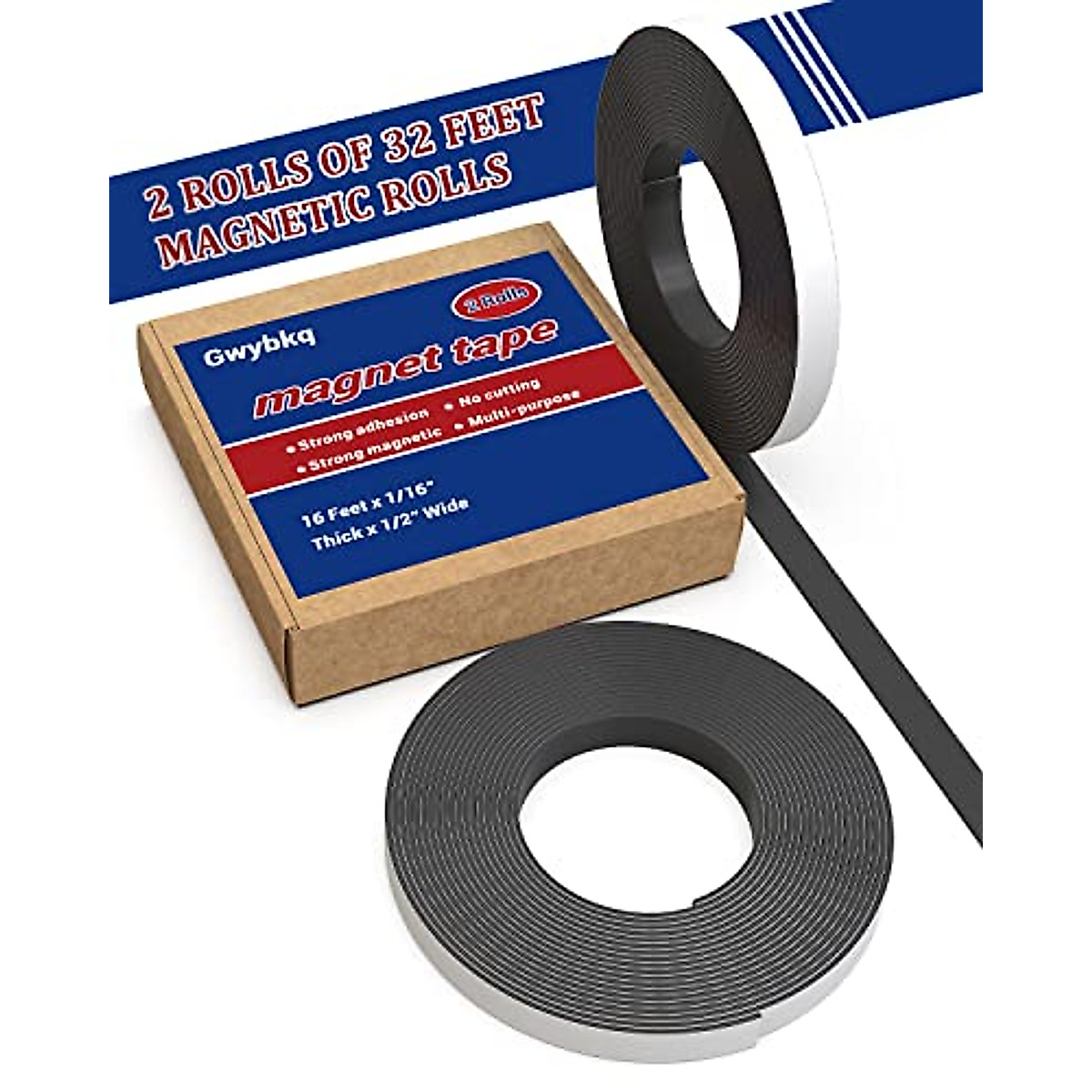 Magnetic Tape 2 Rolls 32ft Magnets with Strong Adhesive Backing Anisotropic Flexible Magnetic Strip(1rolls 16 feet x 1/2" Wide x 1/16" Thick)