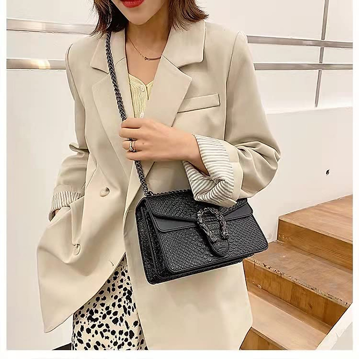 JBB Women's Crossbody Shoulder Bag Retro Snakeskin Solid Color Chain Strap Clutch Leather Bag Black