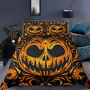 CCoutueChen Demon Pumpkin Face Duvet Cover Set Queen Size Halloween Duvet Cover Black Orange Bedding Set Horror Themed Comforter Cover for Girls 3Pcs Bed Set with Zipper Closure
