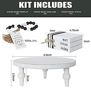 GENMOUS Farmhouse Decorative Round Wood Risers For Decor, White Wood Pedestal Stand With Wood Book Stacks and Garland For Rustic Accent Centerpiece Display in Kitchen/Bathroom/Dining/Living Room