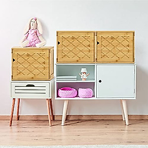 Fasmov Cube Storage Organizer, Bamboo Cube Bookshelf, Stackable Connect Storage Cube Cubby Organizer with Door, Stackable Cubes Bin for Bedroom, Home and Office