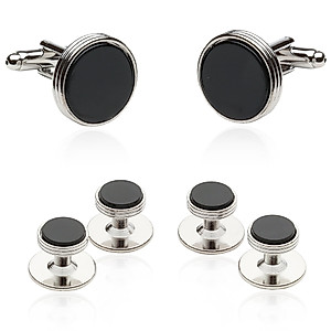 Mens Black Tuxedo Cufflinks and Studs Formal Set in Onyx and Silver with Travel Presentation Gift Box Men Cufflinks for Wedding Groomsmen Jewelry - Cufflinks and Studs Men Tuxedo