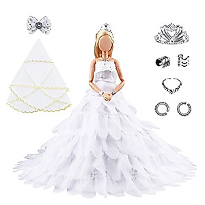 Keysse Doll Clothes Voluminous Skirt Large Trailing Wedding Dress with 5 Accessories, Crown+ Veil+ Bow Hair Clips+ Necklace and Bracelet, Princess Evening Party Clothes Outfit for 11.5" Doll