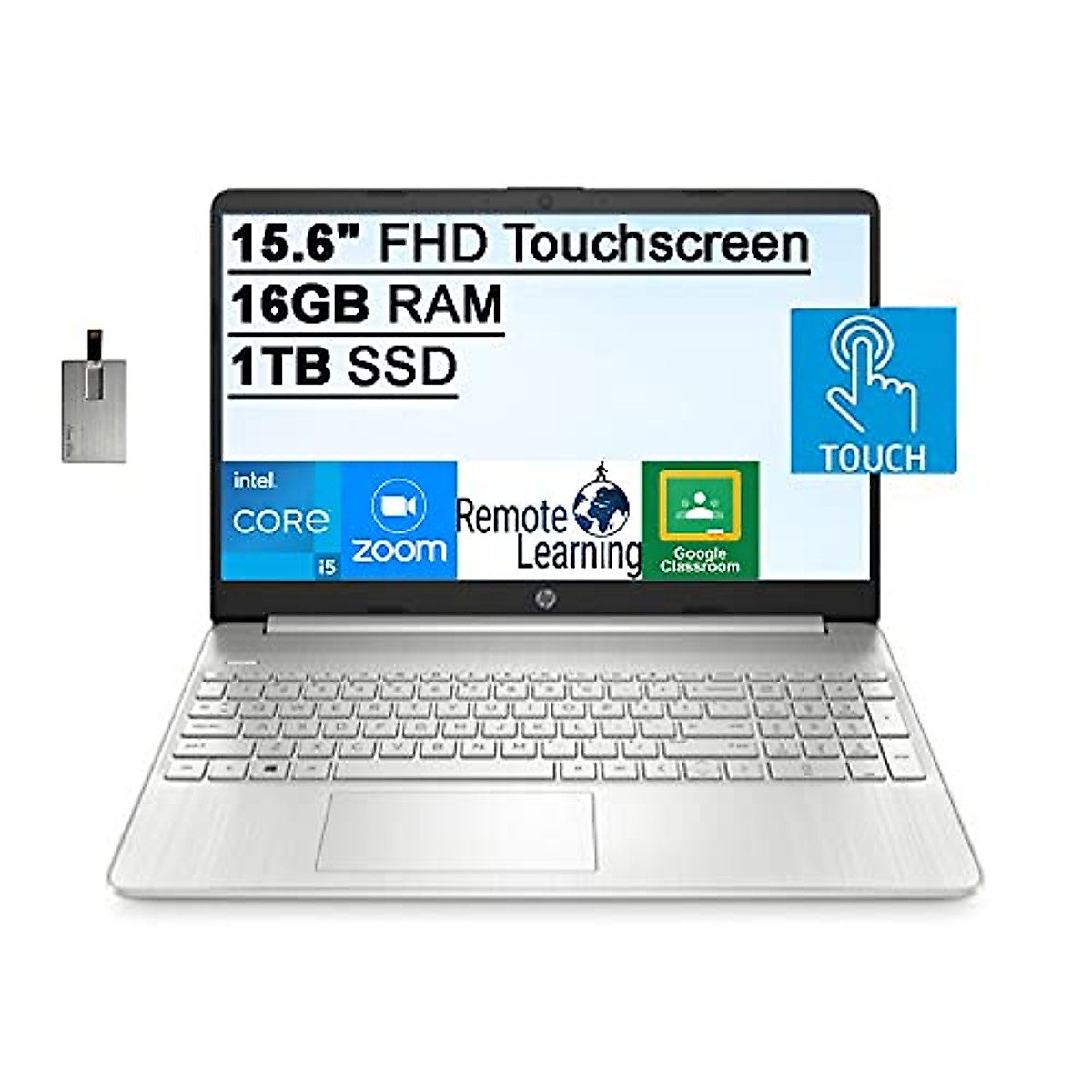 HP 2022 15.6" FHD Touchscreen Laptop, Intel Core i5-1135G7 Processor, 16GB DDR4 RAM, 1TB SSD, Intel Iris Xe Graphics, HD Webcam, HD Audio, HDMI, Win 11, Silver, 32GB SnowBell USB Card