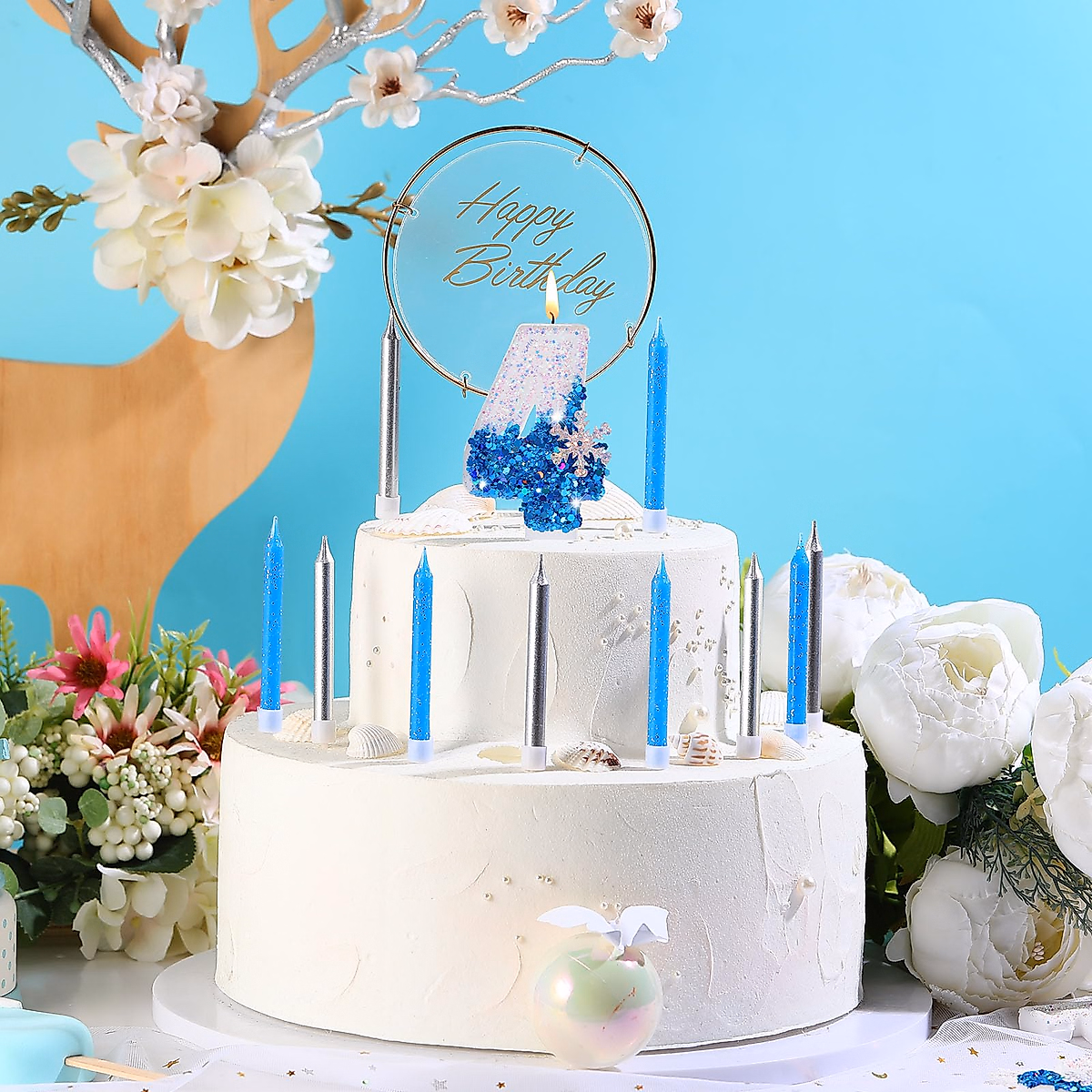 Herdear 2.8" Frozen Birthday Candles Snowflake Number Candles with 10 Pcs Long Thin Candles Blue Number 0-9 for Cake Topper Birthday Frozen Birthday Supplies(Number 4)
