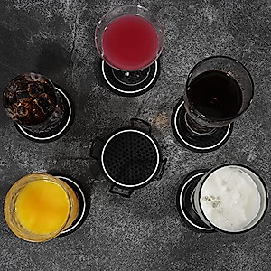 BARsics Drink Coasters Set, 3.75" Black Non-Slip PVC Coasters with Metal Wire Holder, Durable and Elegant Design for Kitchen, Home Bar, Restaurants Table (Pack of 6)