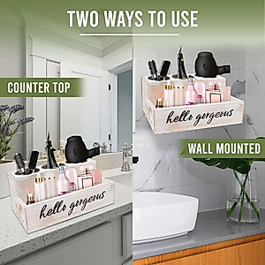 Wooden Hair Dryer Holder, Curling/Flat Iron Holder, Hair Accessories & Bathroom Supplies Hair Tool Organizer, Storage For Bathroom Counter, Vanity, Brushes & Makeup (White)