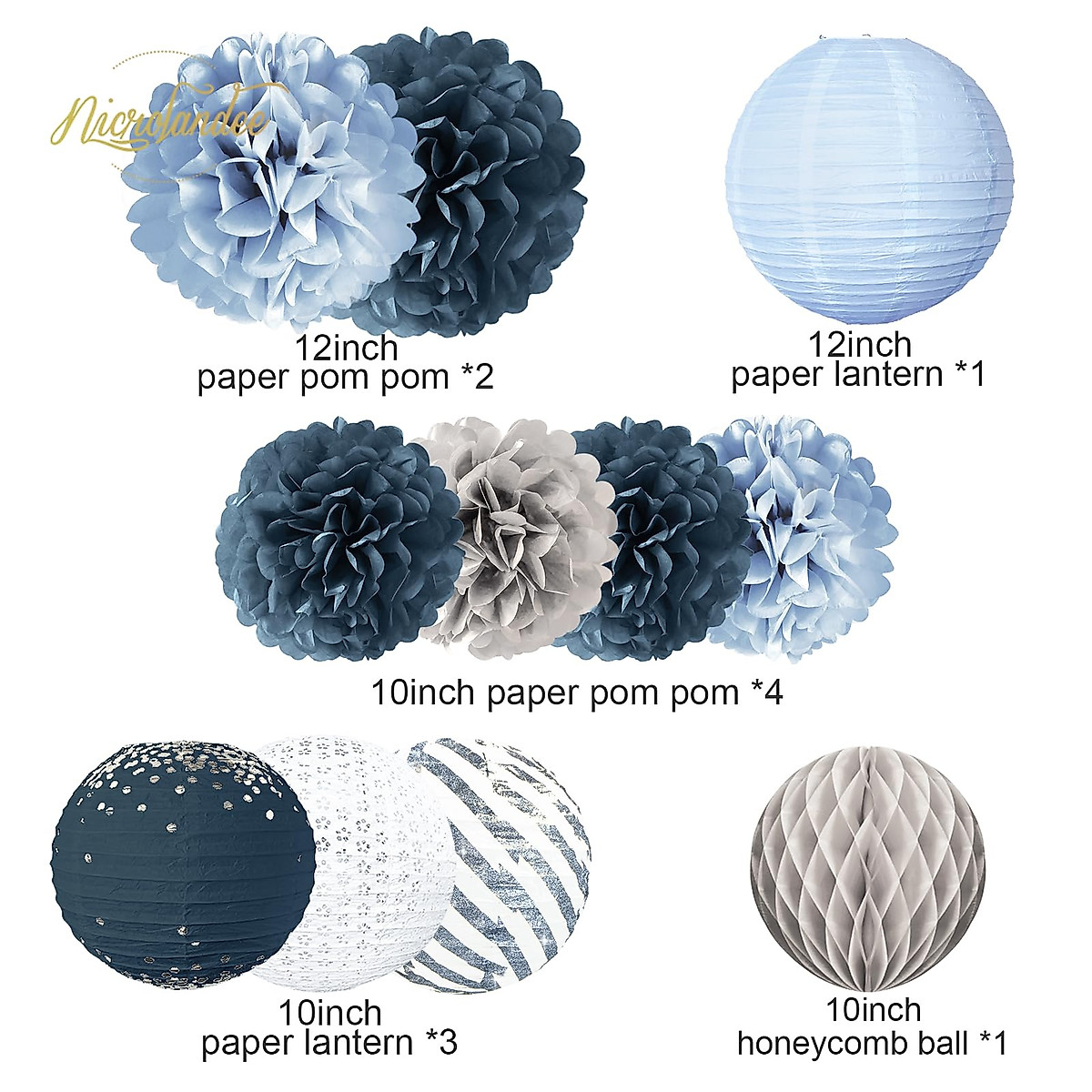 NICROLANDEE Wedding Party Decorations - 12PCS Dusty Blue Tissue Pom Poms Paper Lantern 50G Glitter Confetti Party Supplies for Romantic Wedding, Bridal Shower, Baby Shower, Birthday, Special Events