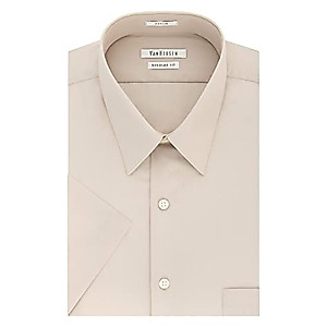 Van Heusen Men's Short Sleeve Dress Shirt Regular Fit Poplin Solid, Stone, 18.5" Neck