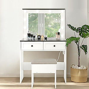 elifine 30" Vanity Desk with Mirror and Lights - Farmhouse Makeup Vanity Table and Chair Set, Compact Makeup Desk with 2 Drawers & Power Outlet for Women Girls (BW1 with Stool)