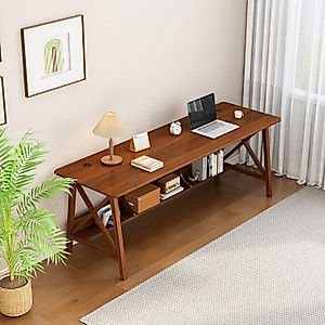 NELYE Extra Long Desk with Bookshelf - Solid Wood Home Office Work Study Table, 2-Person Writing Computer Workstation with Storage Shelf in Walnut, 71" Wx20 Dx30 H