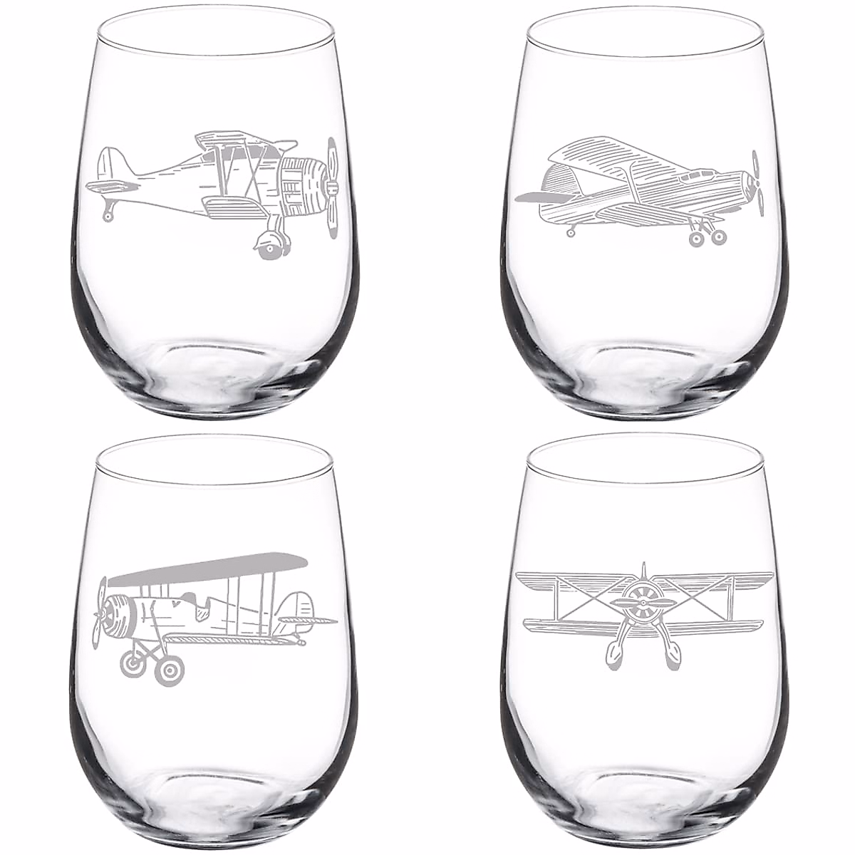 MIP Set of 4 Wine Glass Goblet Aviation Airplanes (17 oz Stemless)