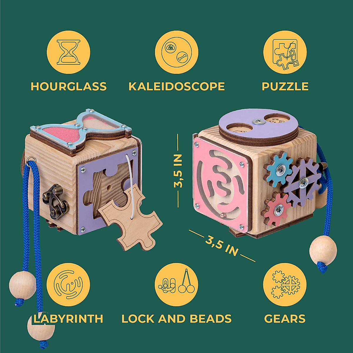 Timo Toys Incredibly Educational Busy Cube, Activity Cube, Wooden Sensory Toys, Busy Board, Toddler Toys, Baby Toys, Montessori Toys for 1 Year Old and Up, Baby Girl Gifts Boy (Coral)