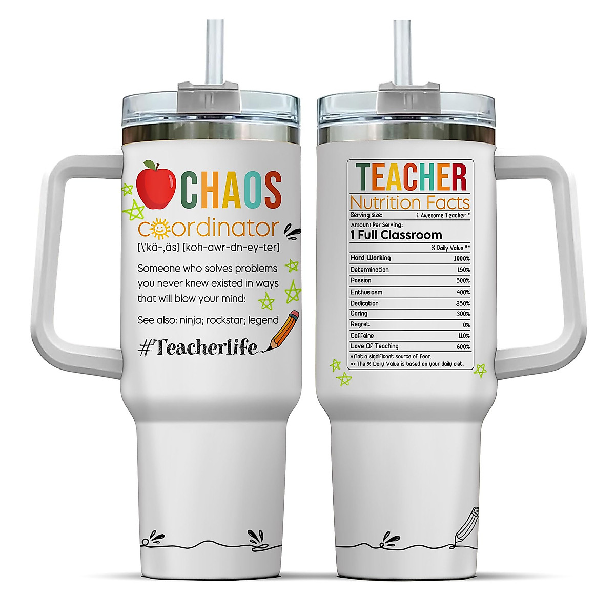 9SUNFLOWER Life Chaos Coordinator Teacher Nutrition Facts Insulated Cup, 40 Oz Tumbler With Handle, Lid and Straw