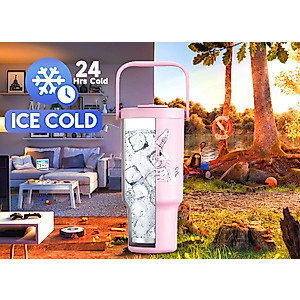 Meoky 32 oz Tumbler with Handle, Tumbler with Lid and Straw, Stainless Steel Travel Mug, 100% Leak Proof, Keeps Cold for 24 Hours, Fits in Car Cup Holder (Bunny)