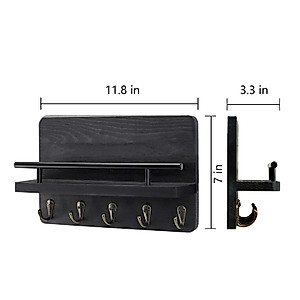 Key Holder and Mail Shelf Wall Mounted, Decorative Wall Mail Organizer with Shelf, Wood Hanging Mail Sorter Shelf with 5 Key Hooks, 100% Pine Wood Letter, Bill and Newspaper Storage Shelf (Black)