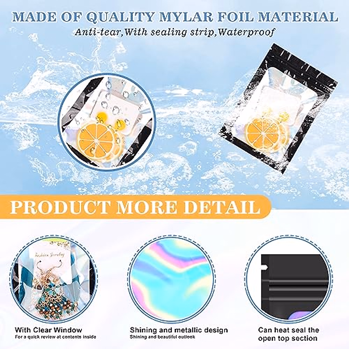 120 Resealable Mylar Bags, Smell Proof Bag for Food Storage, Holographic Packaging Pouch Bags with Front Window for Sample Snack Cookies Jewelry (4 x 6 Inch, Black)