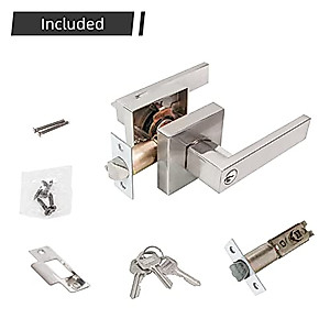 TooCust Square Front Door Handle with Lock, Heavy Duty Door Lock with Key, Brushed Nickel Door Levers with Adjustable Latch, Front Door Lock for Exterior/Interior, Left/Right Hand Reversible