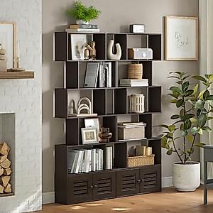 DINZI LVJ 6-Tier Bookshelf, S-Shaped Geometric Bookcase, Book Shelf with Cabinet, Display Shelf with Door, Freestanding Decorative Storage Shelving for Living Room, Home Office, Espresso