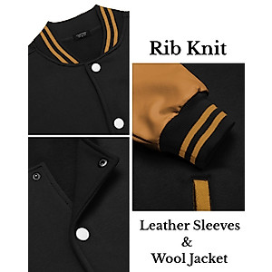 COOFANDY Mens Varsity Bomber Jackets Leather Varsity Letterman Jacket Letter A Winter Black-Yellow Medium