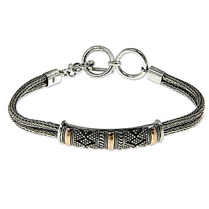 NOVICA Artisan Handmade Gold Accented Sterling Silver Bracelet 18k 925 No Stone Chain Indonesia Aluminum Gray Balinese Traditional [7.25 in min L x 7.75 in max L x 0.3 in W] ' Naga' S Mystery'