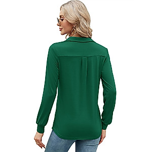 Women's Long Sleeve Polo Shirts V Neck Collared Work Tops Business Casual Tunic Blouse Pocket Green M