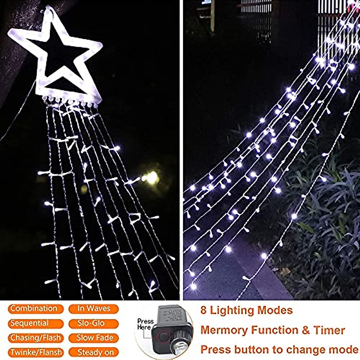 Okura (New) Cerflyer Christmas Decoration Outdoor Star String Lights, 320 LED Christmas Tree Topper Lights with 14" Lighted Star for Halloween Christmas New Year Holiday Garden Yard (White)