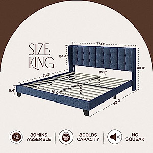 WEEWAY Queen Size Wingback Upholstered Platform Bed Frame, Box-Tufted Headboard, Wooden Slats, No Box Spring Needed, Easy Assembly, Dark Blue