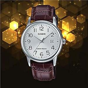 Casio #MTP-V002L-7B Men's Standard Analog Leather Band Easy Reader Day Date Watch