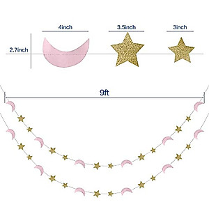 Moon and Stars Garland 2PCS Glitter Gold Twinkle Stars Pink Crescent Paper Garlands Hanging Decorations Girl Birthday Party Decorations Girl Baby Shower Decorations Pink Gold Nursery Room Decorations