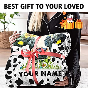 KSUPER Custom Cow Print Blanket with Name Text Personalized Cow Print Bedding Throw Blankets for Sofa Girls Kids Adults Daughter Mom Christmas Valentine's Day Birthday Gifts