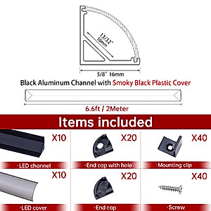 Muzata 10Pack 6.6FT/2M V-Shape LED Channel System with Transparent Smoky Black Cover Lens, Black Aluminum Extrusion Profile Housing Tape Lights V1SW BB 2M