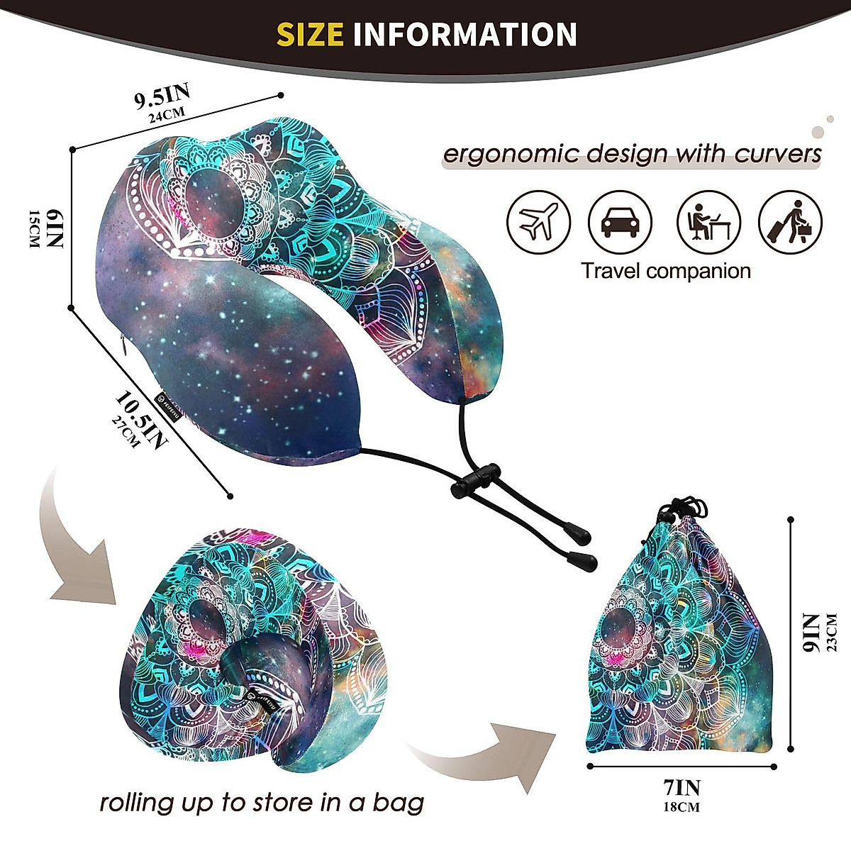 ALAZA Galaxy Mandala Neck Pillow Travel for Sleeping Airplane Travel Kit with Snap Clip & Storage Bag