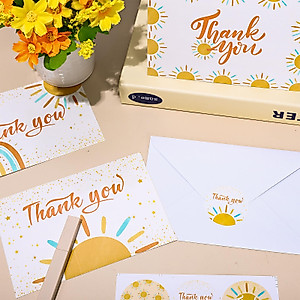 Whaline 30 Packs Boho Sun Thank You Cards Retro Sunshine Greeting Cards with Envelopes and Stickers Here Comes the Son Blank Note Cards for Baby Shower Birthday Party Supplies