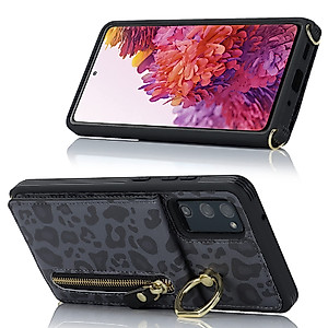 Jaorty for Samsung Galaxy S20 FE 5G Phone Case for Women with Card Holder,Galaxy S20 FE Case Wallet Crossbody Lanyard with Strap,Credit Card Slots Kickstand Case with Ring Holder,6.5",Black Leopard